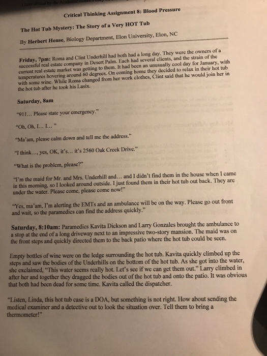 Solved Critical Thinking Assignment 8: Blood Pressure The | Chegg.com
