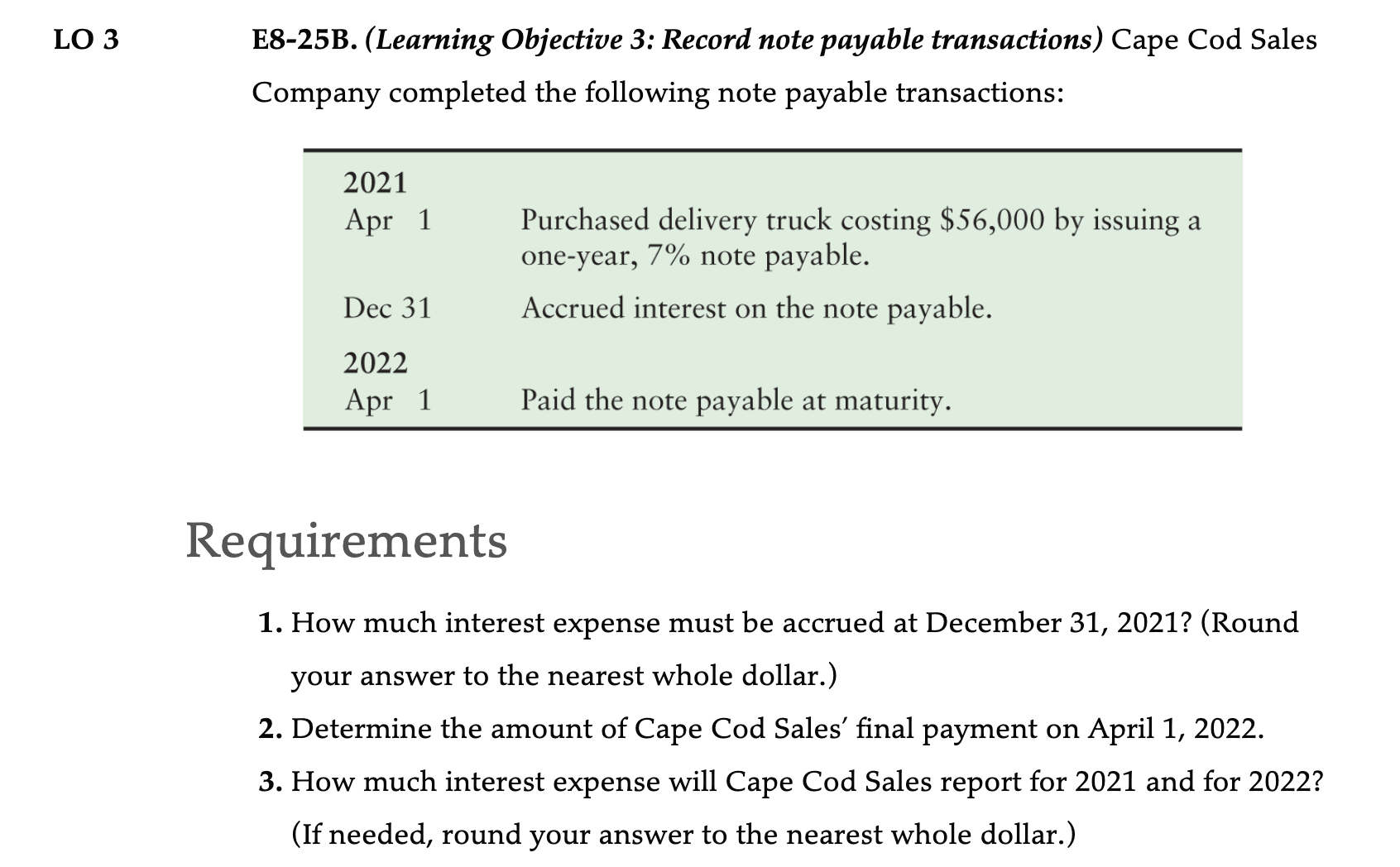Solved E8-25B. (Learning Objective 3: Record note payable | Chegg.com