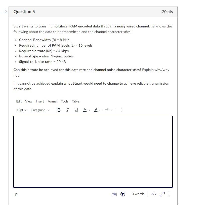 Solved Stuart wants to transmit multilevel PAM encoded data | Chegg.com