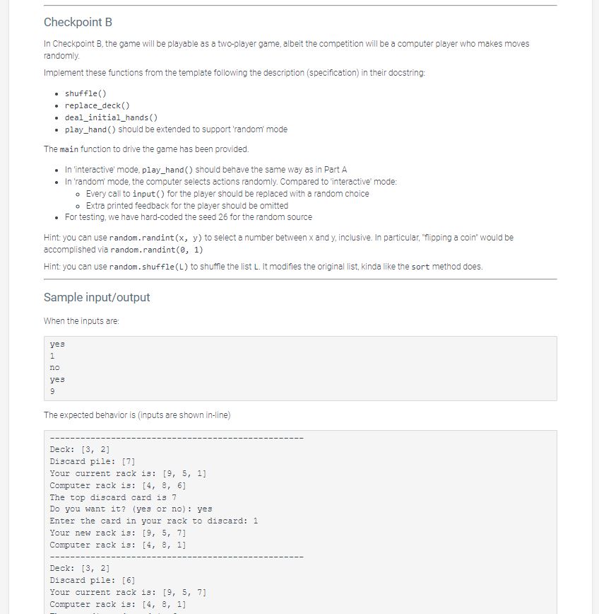 Solved Checkpoint B In Checkpoint B The Game Will Be 