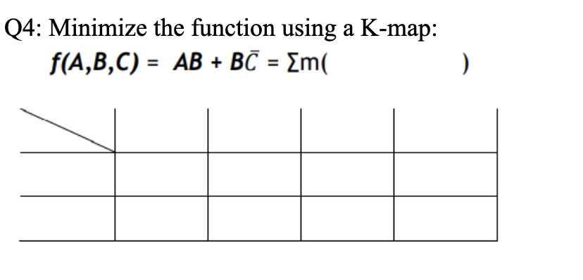 Solved a Q4: Minimize the function using a K-map: f(A,B,C) = | Chegg.com