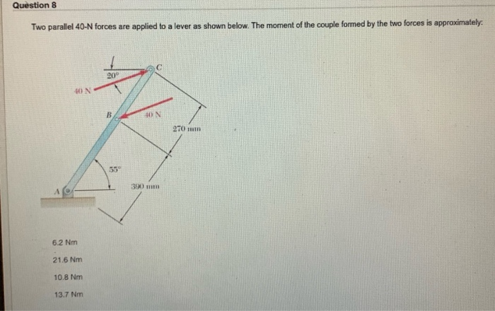 Solved Question 8 Two paralel 40-N forces are applied to a | Chegg.com