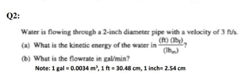 Solved Q2: Water is flowing through a 2-inch diameter pipe | Chegg.com