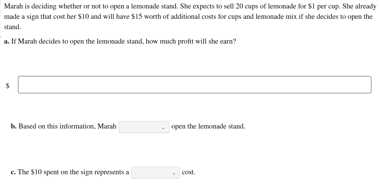 Solved Marah is deciding whether or not to open a lemonade | Chegg.com