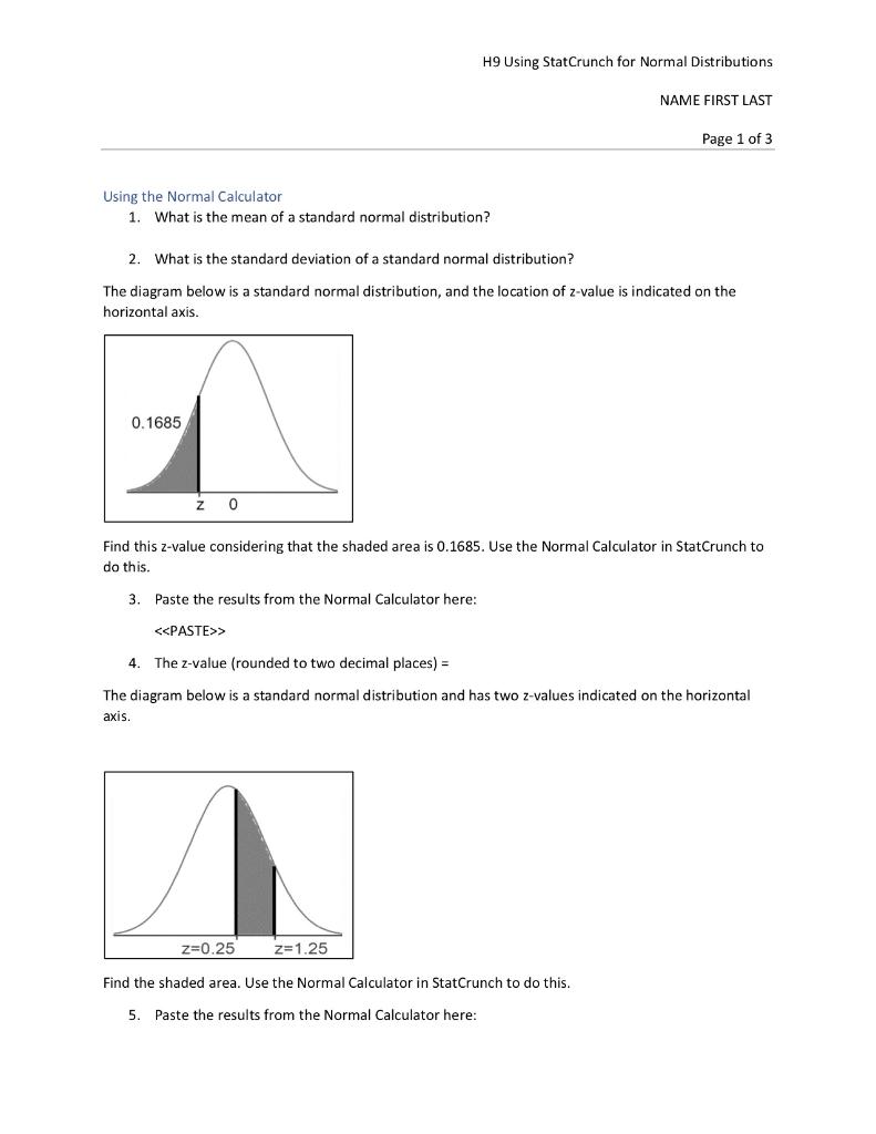 Solved H9 Using StatCrunch for Normal Distributions NAME | Chegg.com