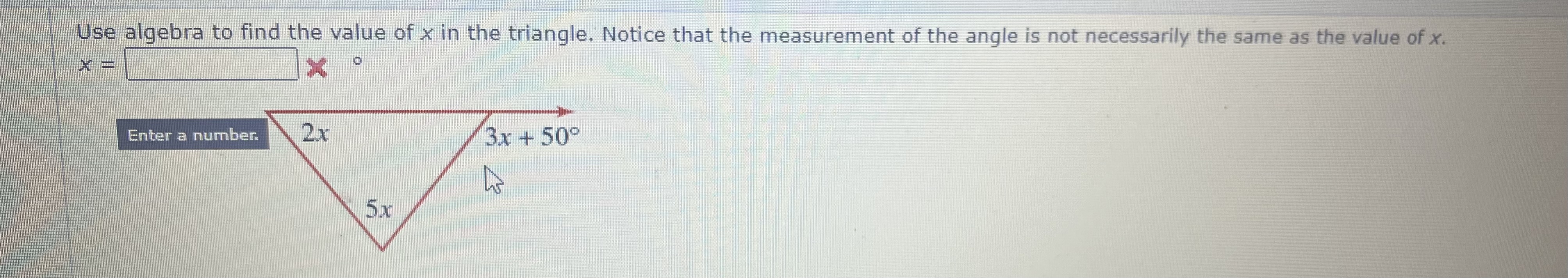 Solved Use algebra to find the value of x ﻿in the triangle. | Chegg.com