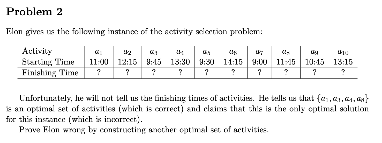 Solved Elon gives us the following instance of the activity | Chegg.com