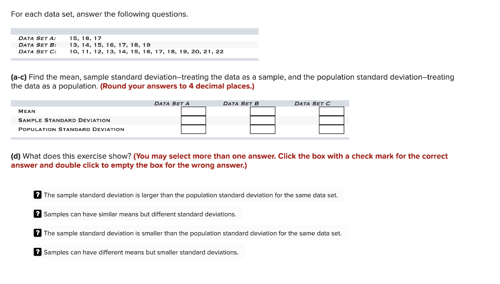 Solved For each data set, answer the following questions. | Chegg.com