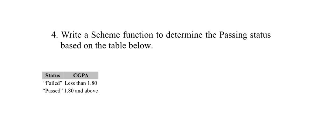 Solved 4. Write a Scheme function to determine the Passing | Chegg.com