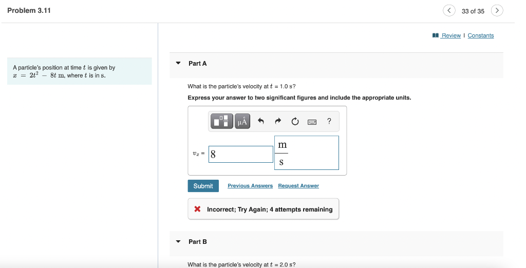 Solved A particle's position at time t is given by Part A | Chegg.com