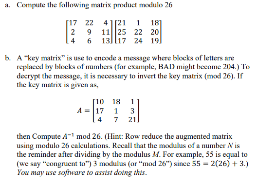 a. Compute the following matrix product modulo 26 | Chegg.com