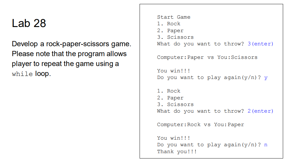 Solved Start Game Lab 28 1. Rock 2. Paper 3. Scissors What | Chegg.com