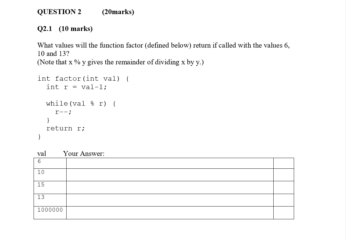 Solved Question 2 20marks Q21 10 Marks What Values Will 