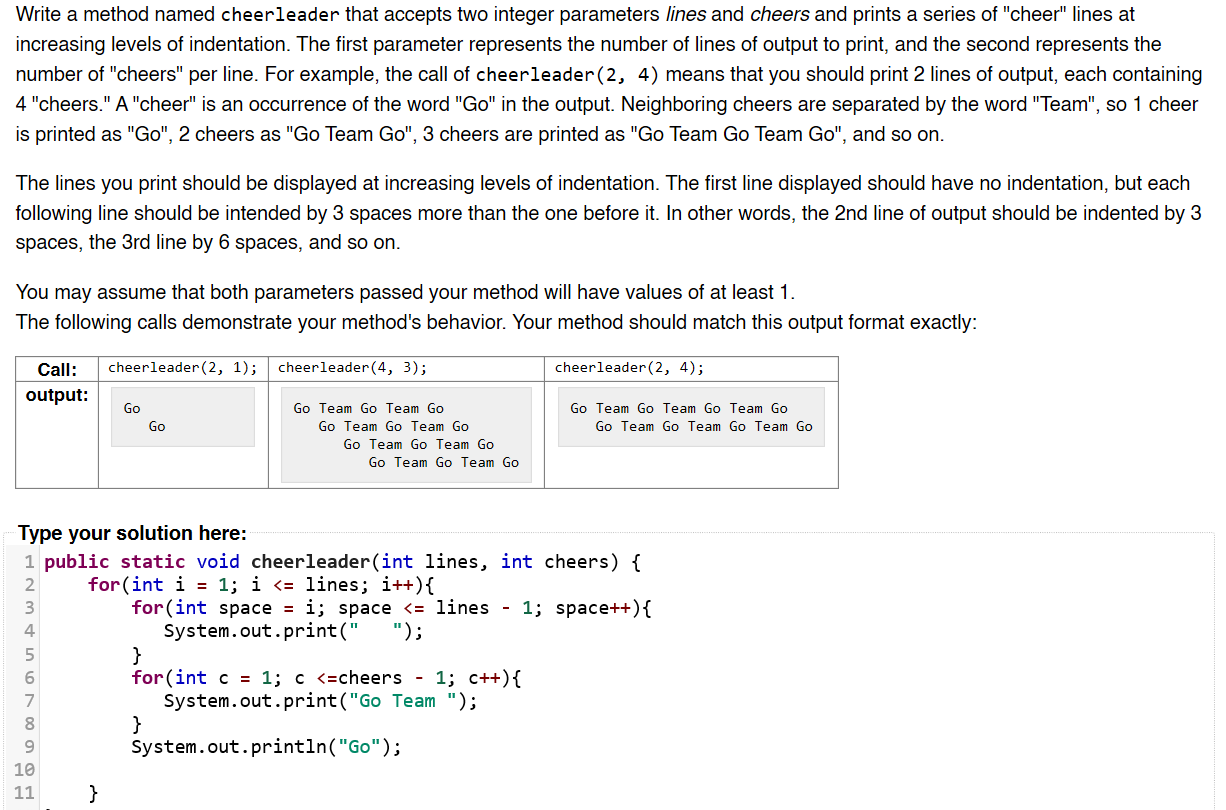 Solved Write a method named cheerleader that accepts two | Chegg.com