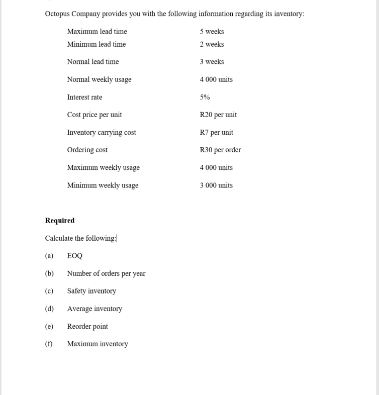 Solved Octopus Company provides you with the following | Chegg.com