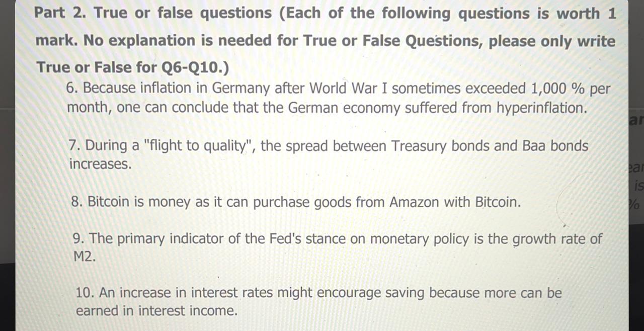 Solved Part 2. True or false questions (Each of the | Chegg.com
