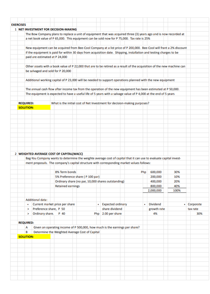 Solved EXERCISES 1 NET INVESTMENT FOR DECISION-MAKING The | Chegg.com