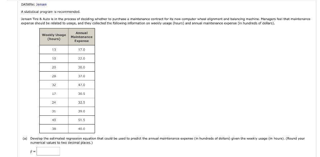 Solved A statistical program is recommended. Jensen Tire \& | Chegg.com