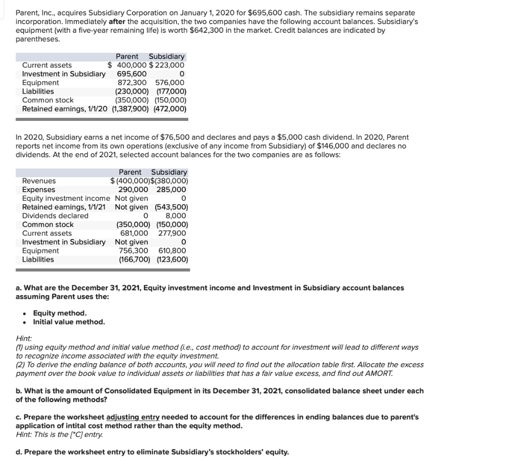 Solved Parent, Inc., acquires Subsidiary Corporation on | Chegg.com
