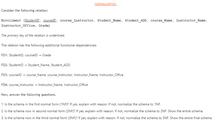 Solved NORMALIZATION Consider the following relation: | Chegg.com
