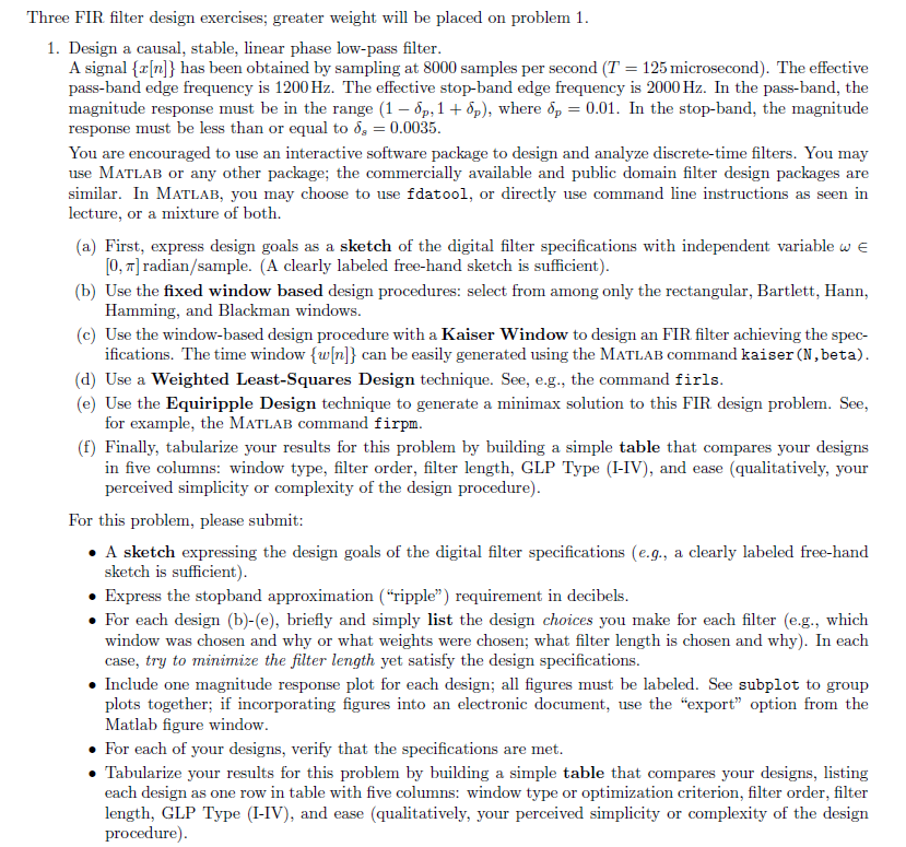 Three FIR filter design exercises; greater weight | Chegg.com