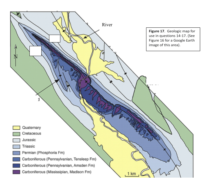 Solved River Figure 17. Geologic map for use in questions | Chegg.com