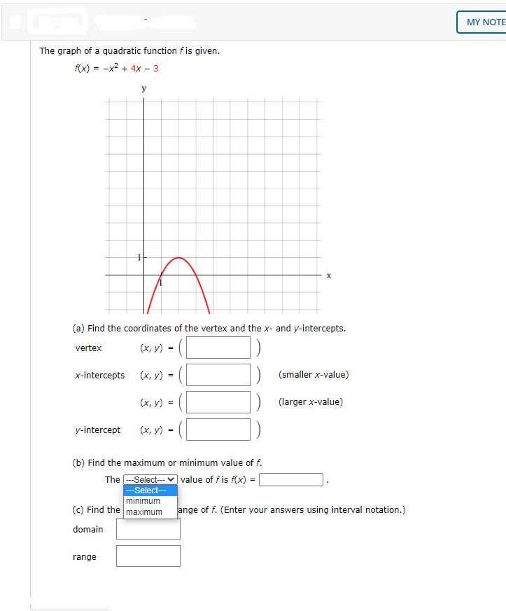 Solved MY NOTE The graph of a quadratic function fis given. | Chegg.com
