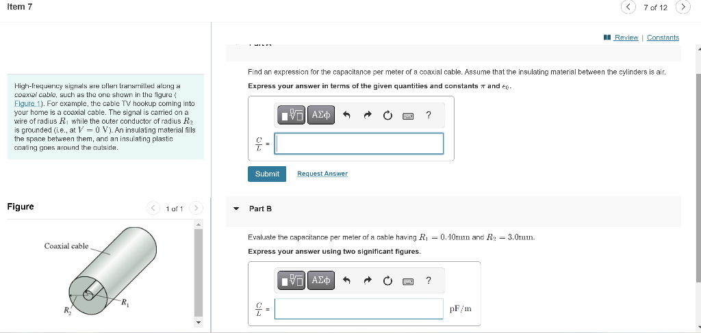 Solved Find an expression for the capacitance per meter of a | Chegg.com