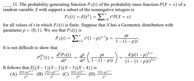 Solved _31. The probability-generating function Px(t) of the | Chegg.com
