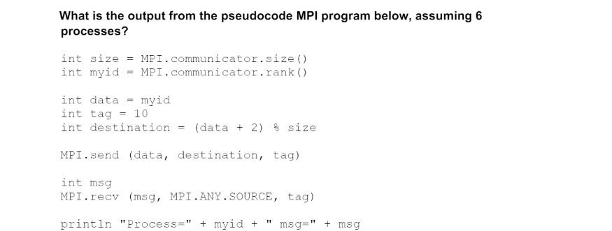 Solved What is the output from the pseudocode MPI program | Chegg.com