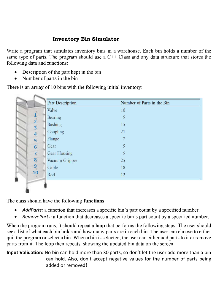 Solved Inventory Bin Simulator Write a program that | Chegg.com