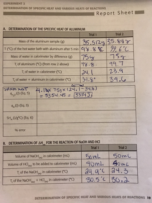 Experiment DETERMINATION OF SPECIFIC HEAT AND VARIOUS | Chegg.com