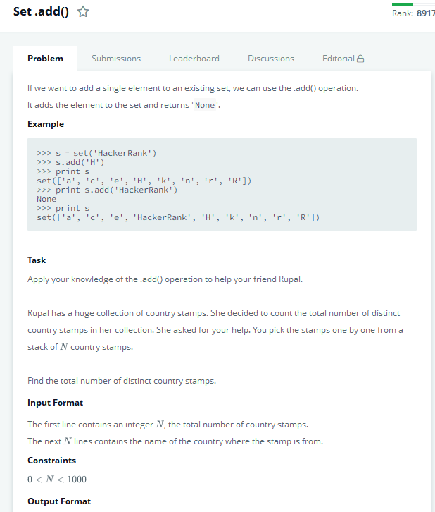 Solved Set.add) Rank: 8917 Problem Submissions Leaderboard | Chegg.com