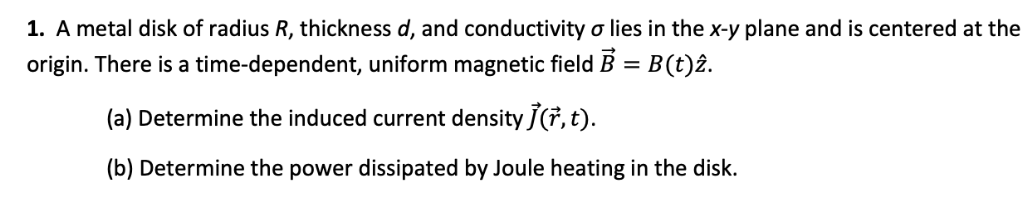 Solved 1. A metal disk of radius R, thickness d, and | Chegg.com