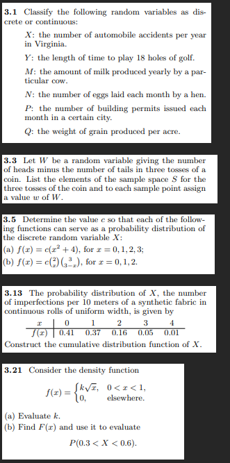 Solved 3.1 ﻿Classify the following random variables as | Chegg.com