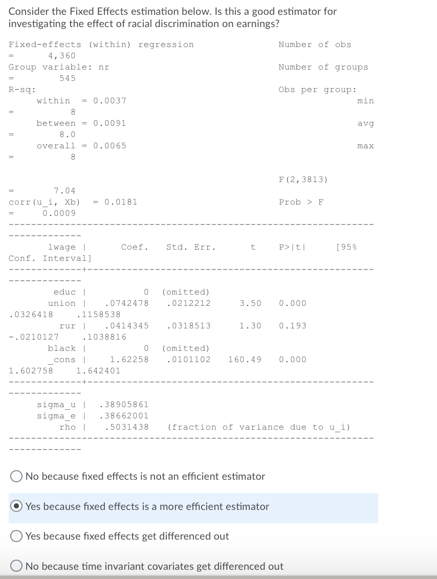 Solved Consider the Fixed Effects estimation below. Is this | Chegg.com