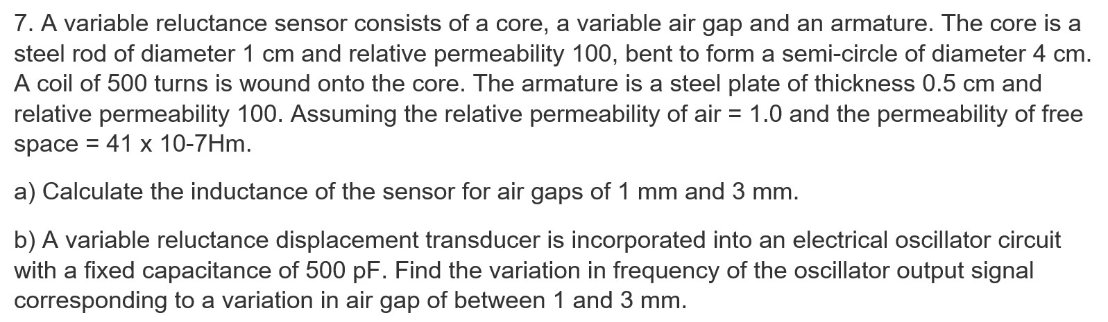 Solved 7. A variable reluctance sensor consists of a core, a | Chegg.com