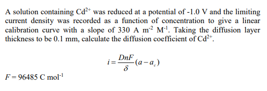 Solved A solution containing Cd2+ was reduced at a potential | Chegg.com
