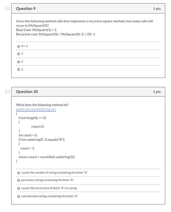 Solved Question 9 1 pts Given the following method calls | Chegg.com