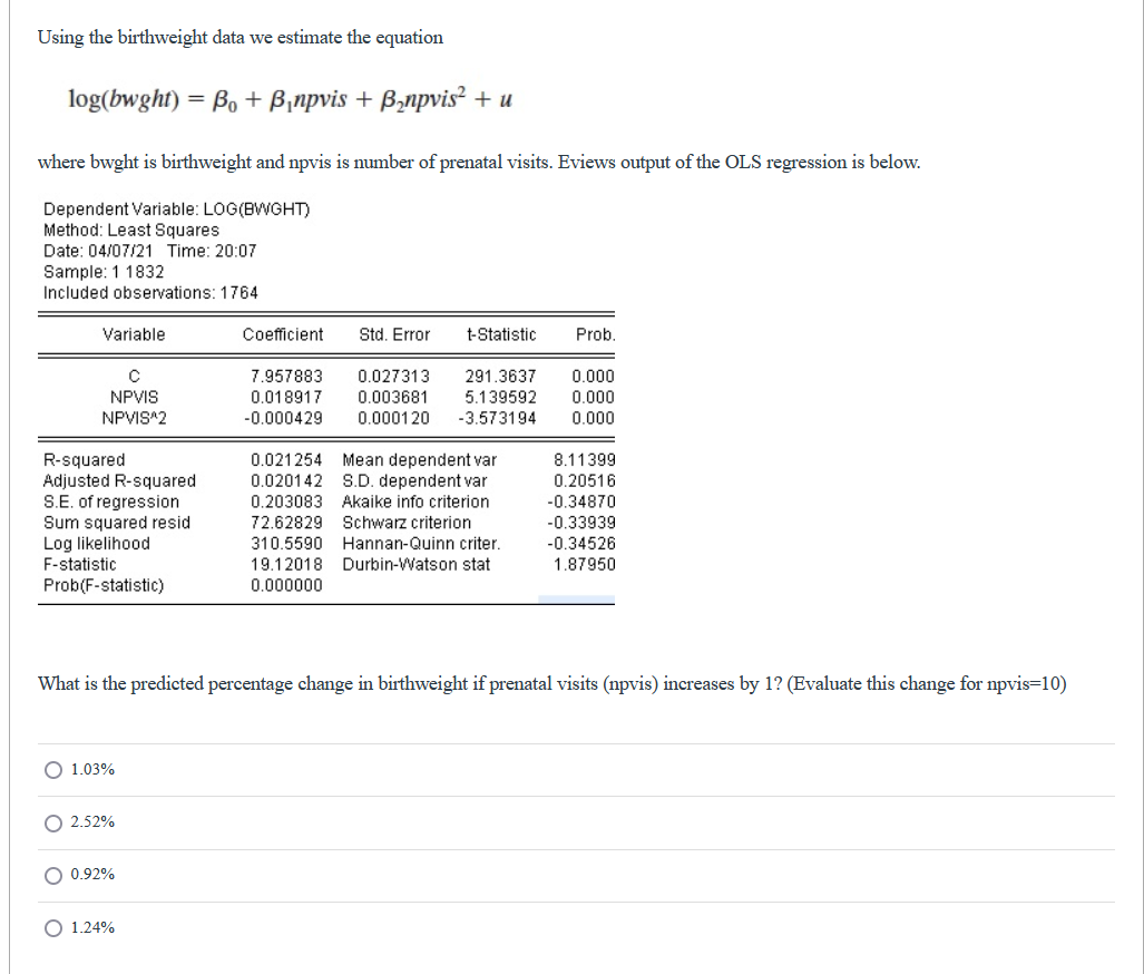 Solved Using the birthweight data we estimate the equation | Chegg.com