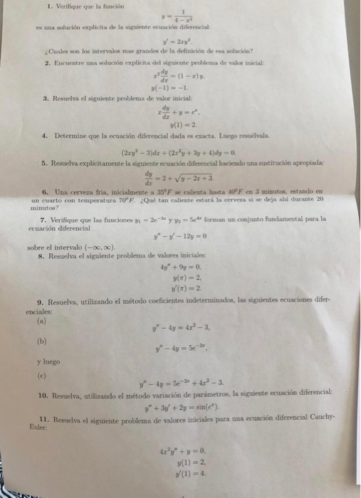Solved 1. Verifique que la función es una solación explicita | Chegg.com