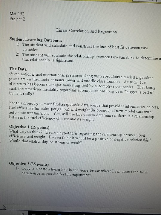 Solved Mat 152 Project 2 Linear Correlation and Regression | Chegg.com