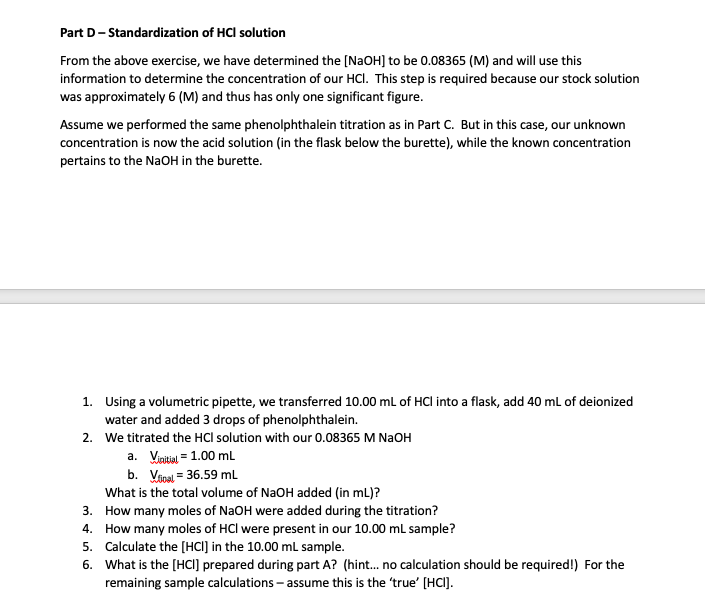 Solved Part D-Standardization of HCl solution From the above | Chegg.com