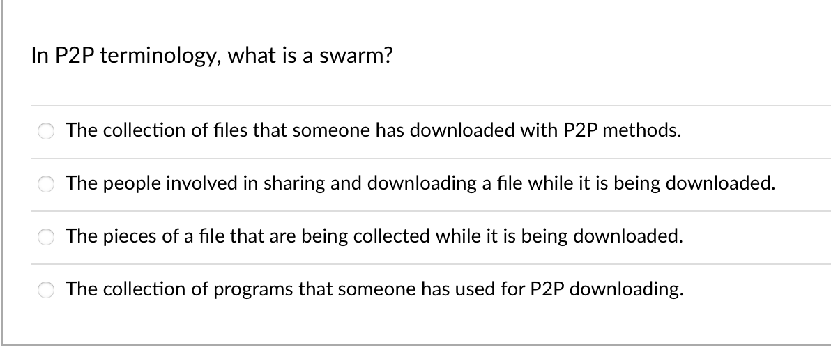 Solved In P2P terminology, what is a swarm? a The collection | Chegg.com