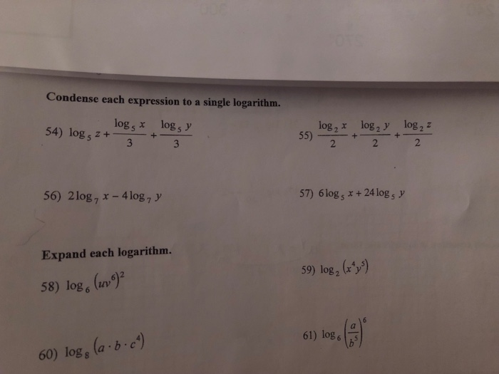 Solved Condense each expression to a single logarithm. 54) | Chegg.com