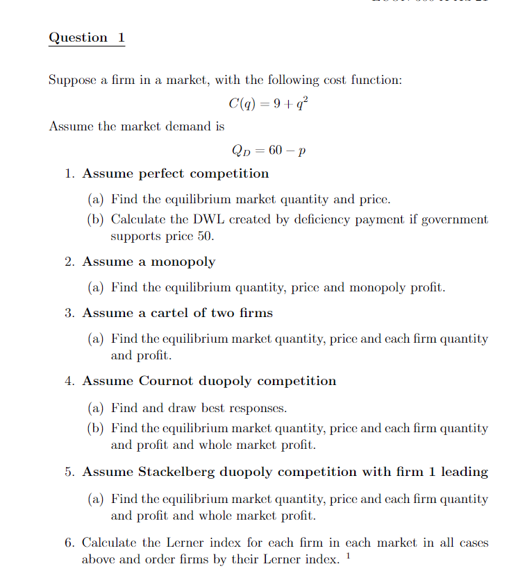 Solved Suppose a firm in a market, with the following cost | Chegg.com