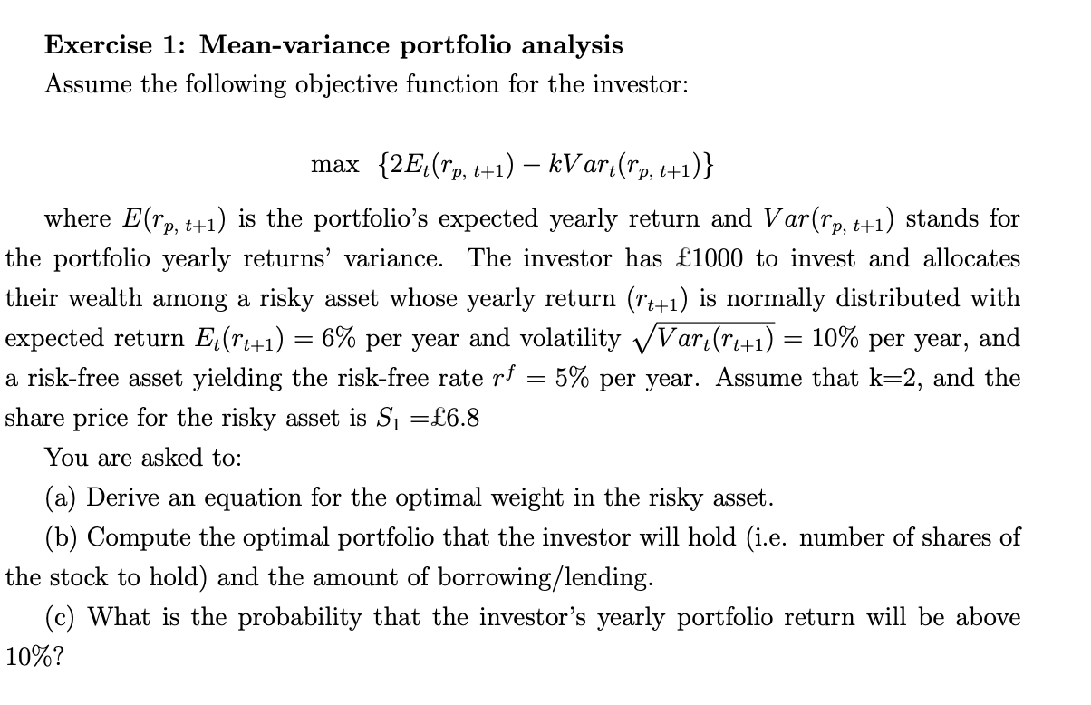 Solved Exercise 1: Mean-variance portfolio analysis Assume | Chegg.com