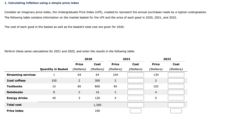Solved 1. Calculating inflation using a simple price index | Chegg.com