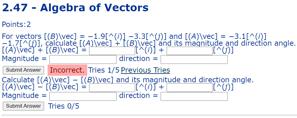 Solved For vectors [(B)\vec] = −1.9[^(i)] −3.3[^(j)] and | Chegg.com