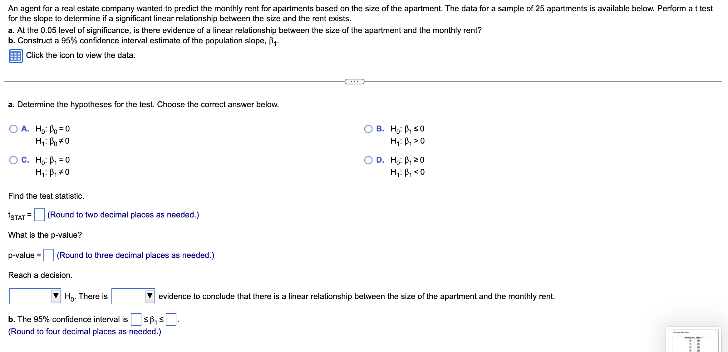 Solved Size and Rent Datafor the slope to determine if a | Chegg.com